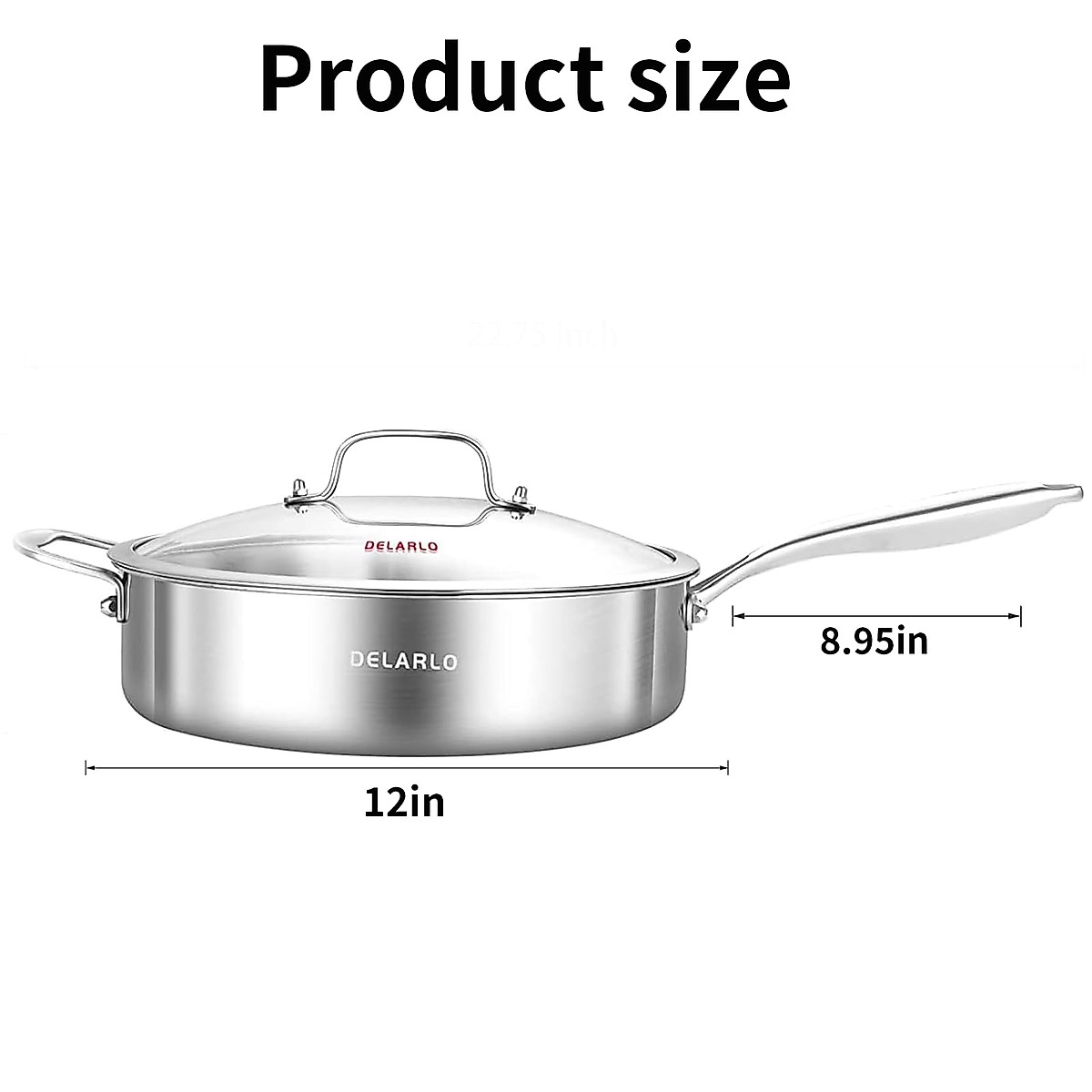 DELARLO Tri-Ply Stainless Steel Saute Pan With Lid 5.5QT,12.3Inch Deep Frying pan,Induction Large Skillet,Jumbo Cooker,Efficent Fast Even Heating Cooking Pan Dishwasher and Oven Safe