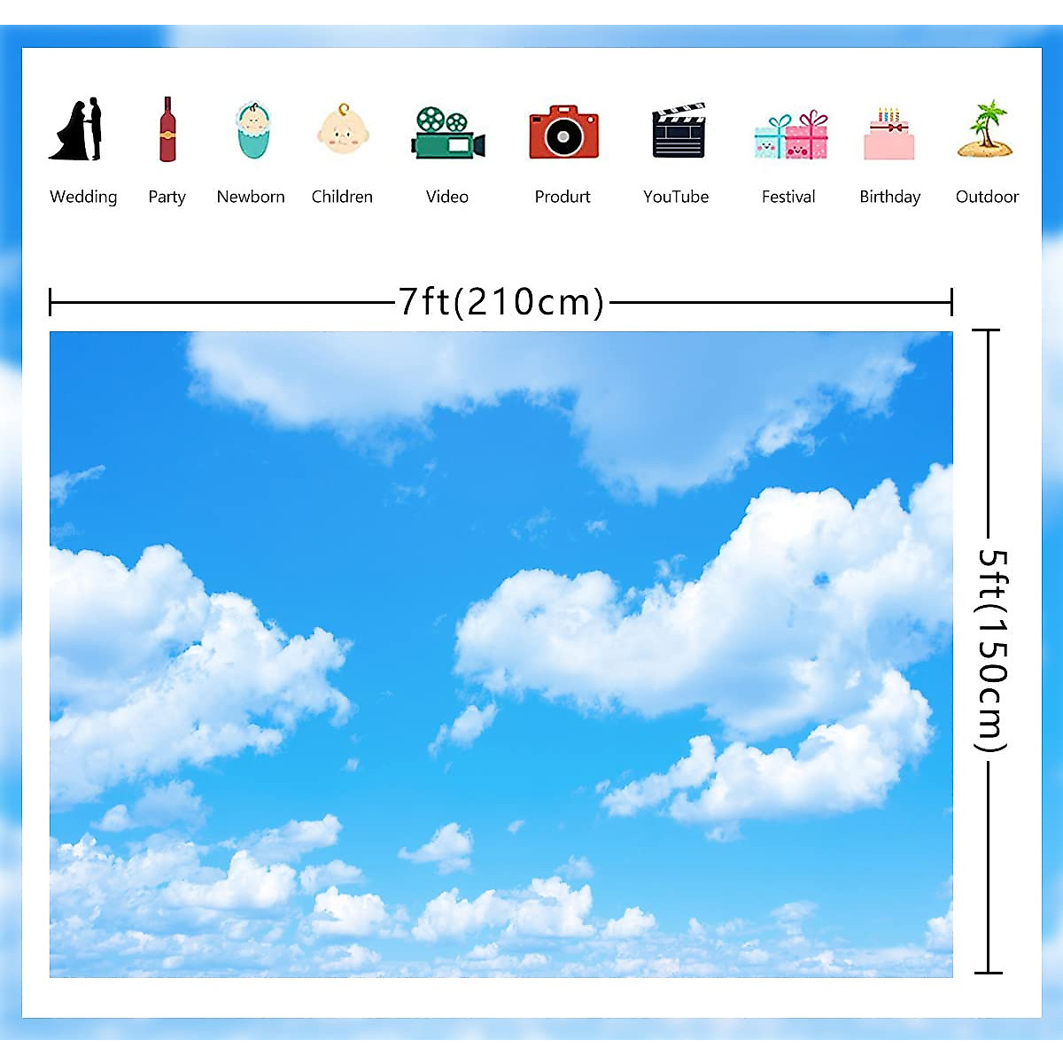 WR Blue Sky White Cloud Backdrop Sky Cloud Photography Background Kids Birthday Baby Shower Wedding Party Decoration Studio Props 7x5FT