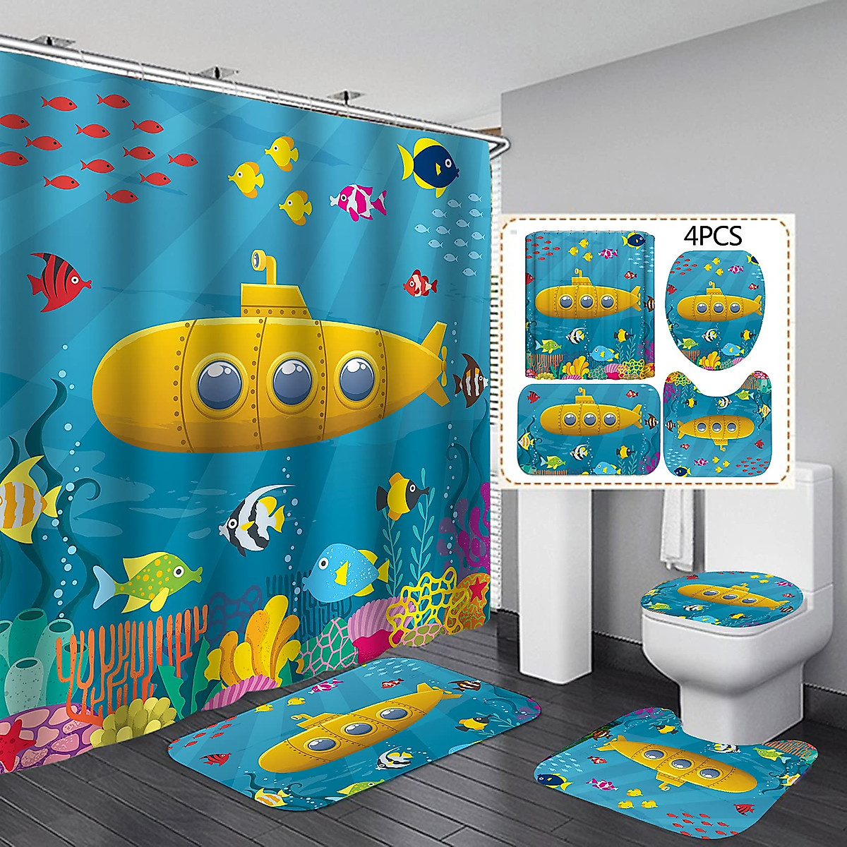 Blue Submarine Shower Curtain Sets with Rugs, Toilet Lid Cover and Bath Mat, Tropical Ocean Nautical Underwater World Bathroom Curtain Waterproof Polyester Fabric wtih Hooks 4PCS