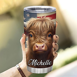 Hyturtle Personalized Gifts For Highland Cow Lover - American Flag Highland Cow Stainless Steel Tumbler 20oz With Lid - Idea Farm Animals Lover Gifts For Women, Girl On Christmas, Independence Day