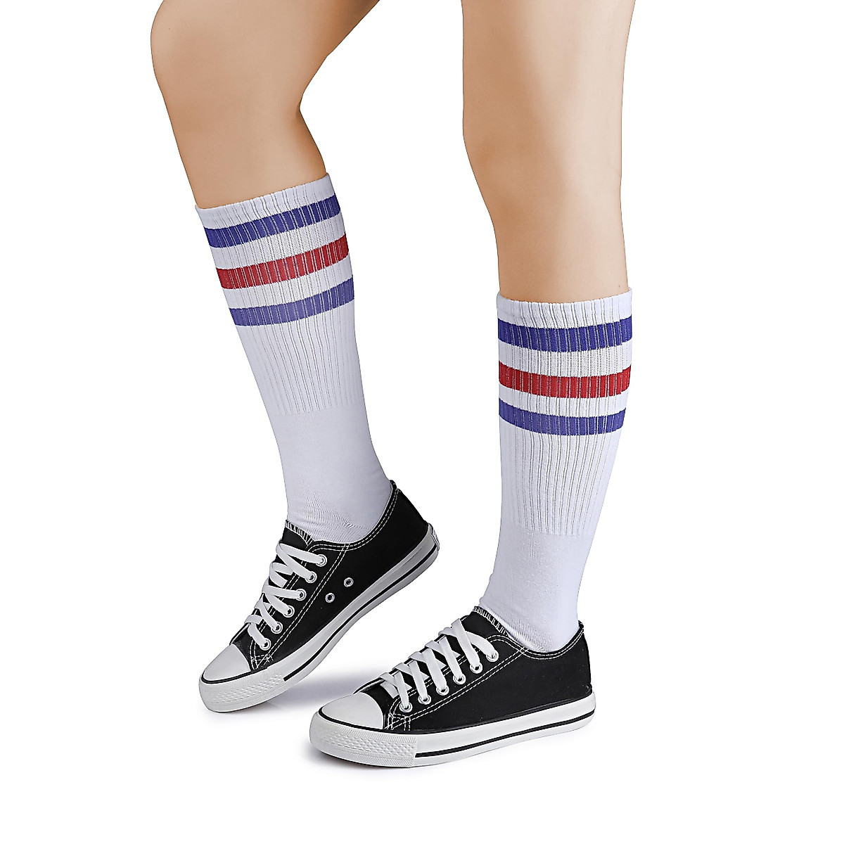 Leotruny Knee High Tube Socks: Over the Calf Retro Socks - Striped Tube Socks for Men Women White Blue Red