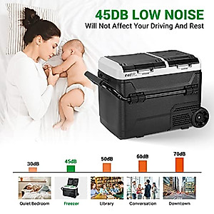 F40C4TMP 12 Volt Portable Refrigerator, 54 Quart Dual Zone Car Freezer With Independent Temperature Control, -4℉ to 68℉,51L Compressor Fridge With Wheels & 2 Baskets For Camping, Travel, Road Trip, Vehicle, Car, Truck, Van, RV, Outdoor and Home--12V/24V D