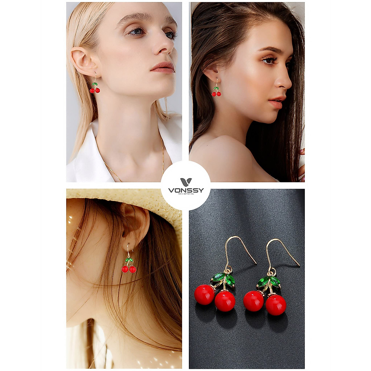 VONSSY Cherry Earrings | Red Drop Dangle & Stud Earrings