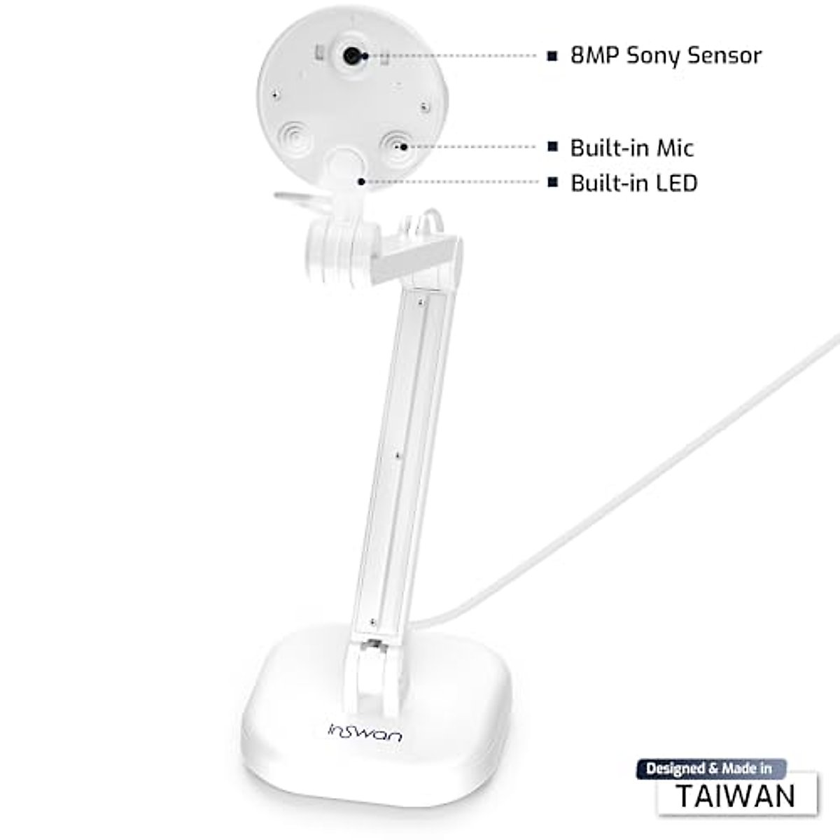 INSWAN INS-1 USB Document Camera — 8MP Ultra HD, Auto Focus, LED Light, Built-in Microphone, Mac OS, Windows, Chromebook Compatible for Distance Learning, Remote Teaching, Web Conferencing, Live Demo