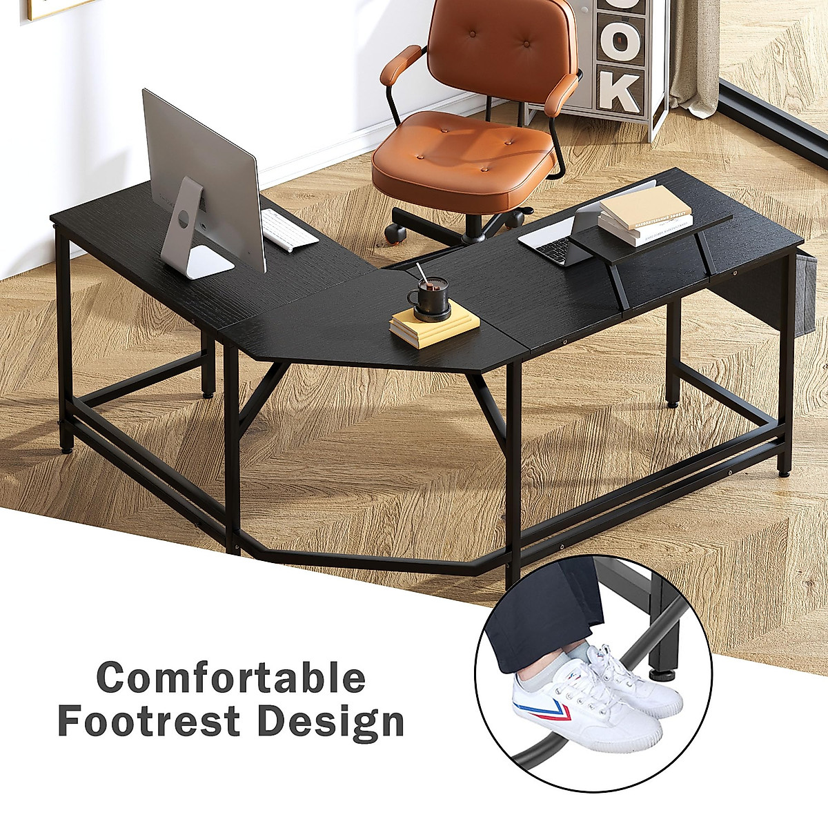 soges L-Shaped Desk with Side Storage Bag, 59 inch L Shape Computer Desk with Monitor Stand, Home Office Desk for Corner, Gaming Desk, Writing Desk, Reading Table, L Desk, Black