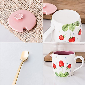 KEYIGOU 13.5oz Cute Strawberry Ceramic Coffee Mug with Lid Gold Spoon Tea Cup Cute Mugs for Women Friend Colleague Boss Gifts