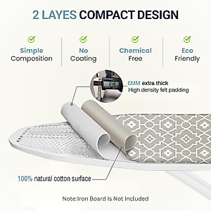UniSimp Ironing Board Cover and Pad 18x54- Extra Thick Natural Cotton, Scorch and Stain-Resistant Iron Board Cover, Extra Large Iron Board Cover with Metal Fasteners Heavy Duty Heatproof Elastic Edge