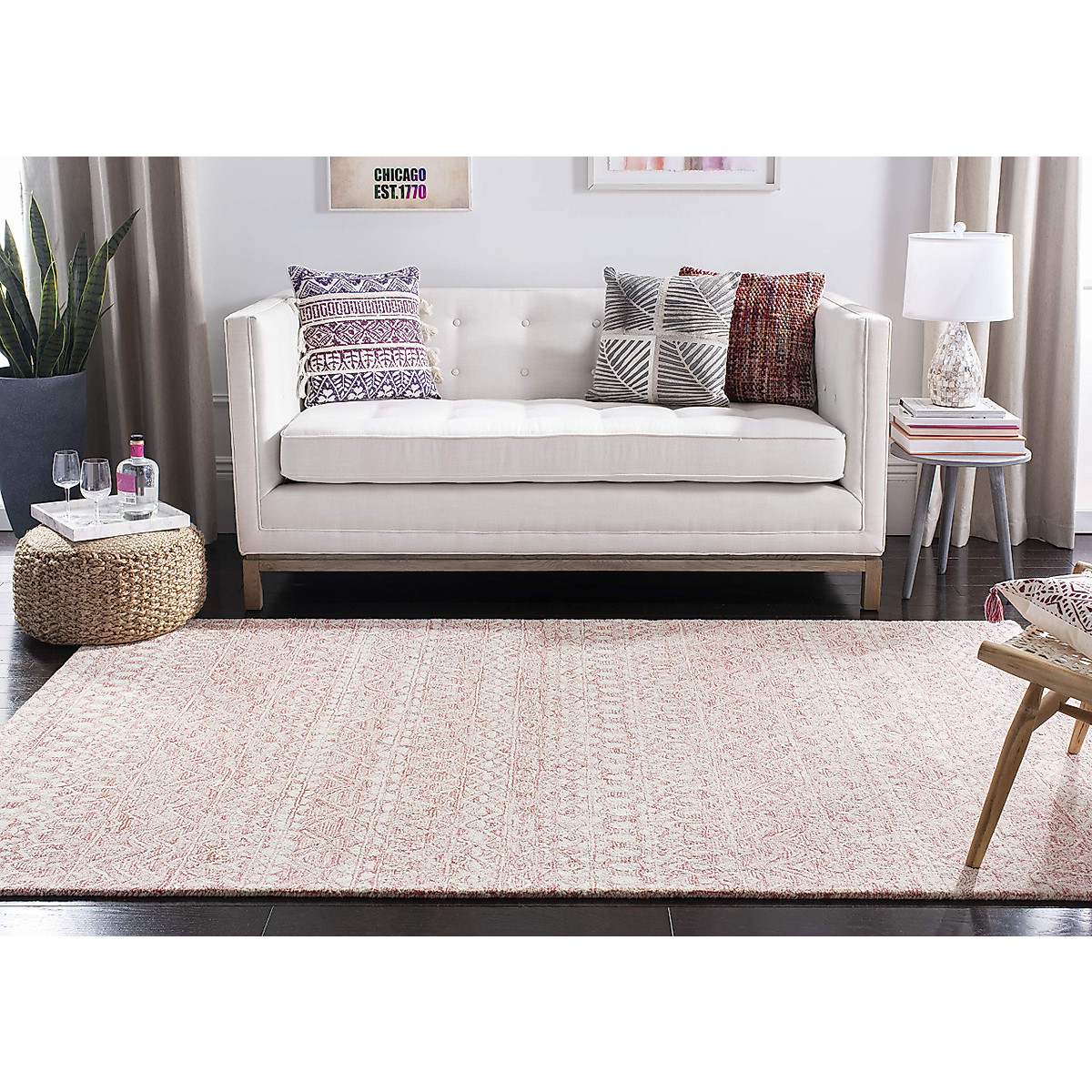 SAFAVIEH Micro-Loop Collection Area Rug - 8' x 10', Pink & Ivory, Handmade Moroccan Boho Tribal Wool, Ideal for High Traffic Areas in Living Room, Bedroom (MLP502U)