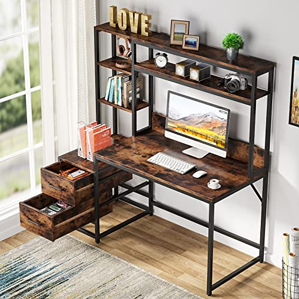 Tribesigns 55 Inch Computer Desk with 2 Drawers and Storage Shelves, Rustic Office Desk with Hutch, Study Writing Gaming Table Laptop Workstation for Home Office (Brown)