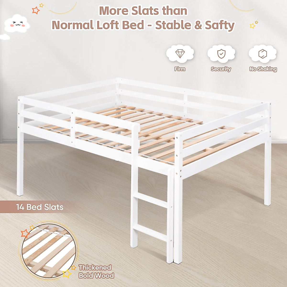 Antetek Twin Loft Bed Frame, Solid Pine Wood Twin Size Bed Frame with Ladder and Safety Full-Length Guardrail, Low Loft Bed for Kids, Teens, Boys, Girls, No Box Spring Needed, White