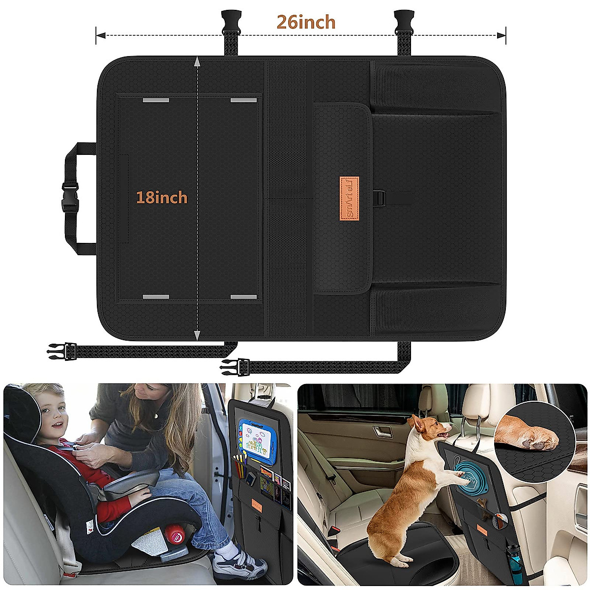 SMART ELF Backseat Car Organizer with iPad Holder + 6 Storage Pockets, Back Seat Protectors Kick Mats for Child Baby Kids, Premium Fabric with Sag Proof, Waterproof
