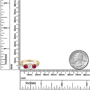 18K Yellow Gold Plated Silver 3-Stone Ring Forever Brilliant Oval 2.12cttw Moissanite by Charles & Colvard and Ruby (Size 6)