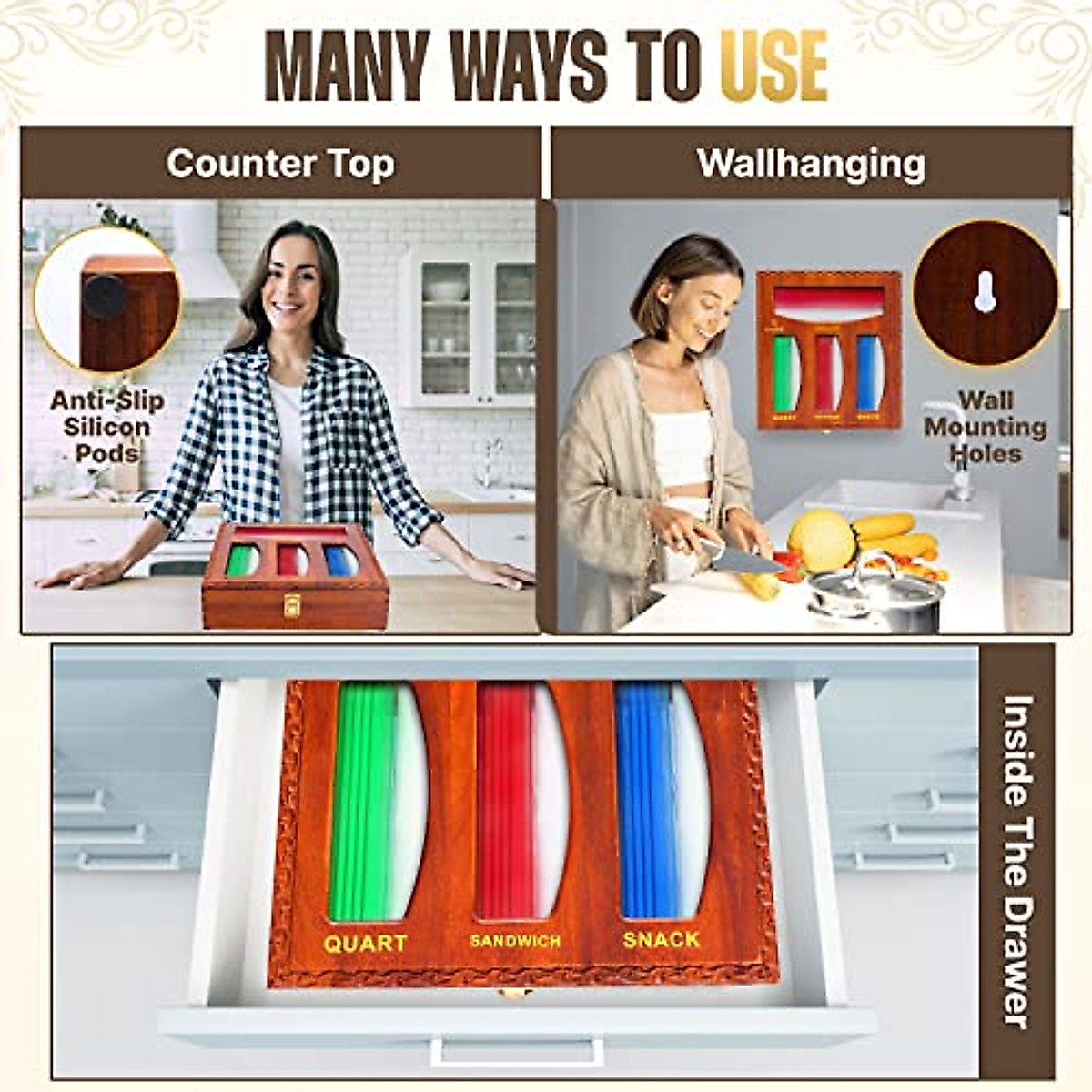 IONSDAIL Ziplock Bag Storage Organizer - Kitchen Drawer Holder Compatible with Gallon, Quart, Sandwich and Snack Various Plastic Bags Sizes - Ideal Home Organization Containers