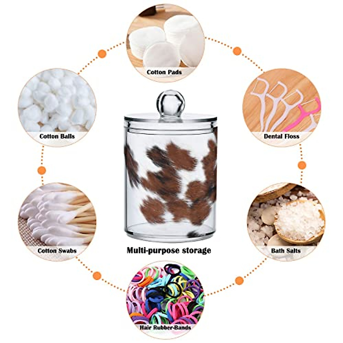 WELLDAY Apothecary Jars Bathroom Storage Organizer with Lid - 14 oz Qtip Holder Storage Canister, White Brown Print Cow Clear Plastic Jar for Cotton Swab, Cotton Ball, Floss Picks, Makeup Sponges,Hair