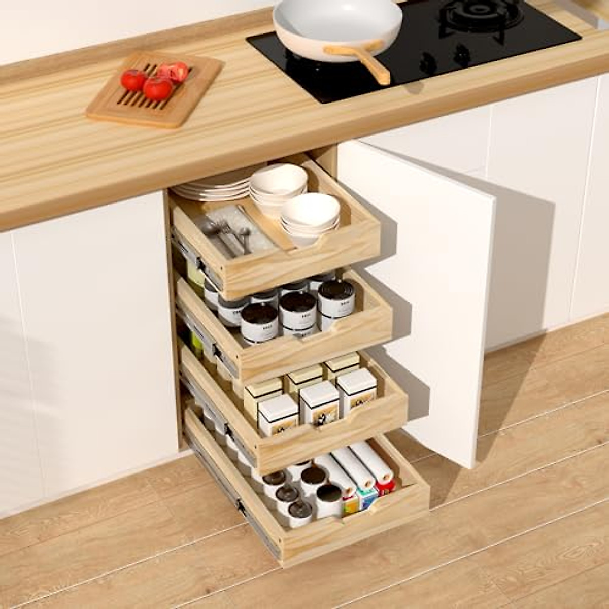 BORISI Pull Out Drawers for Cabinets,14" W x 21" D, 1 Tier Heavy-Duty Slide out Wood Drawer Shelf, Pull Out Cabinet Organizer for Kitchen, Pantry, Bathroom