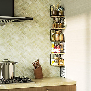 Love-KANKEI Corner Shelf Wall Mount of 5 Tier Rustic Wood Floating Shelves Wall Shelves for Bedroom Living Room Bathroom Kitchen Office and More Carbonized Black