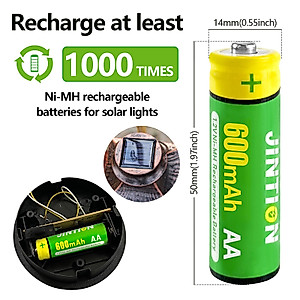 JINTION AA Rechargeable Batteries 600mah High Capacity 1.2V Ni-MH Double a Battery for Outdoor Solar Lights, String Lights, TV Remotes, Wireless Mouses, Flashlight