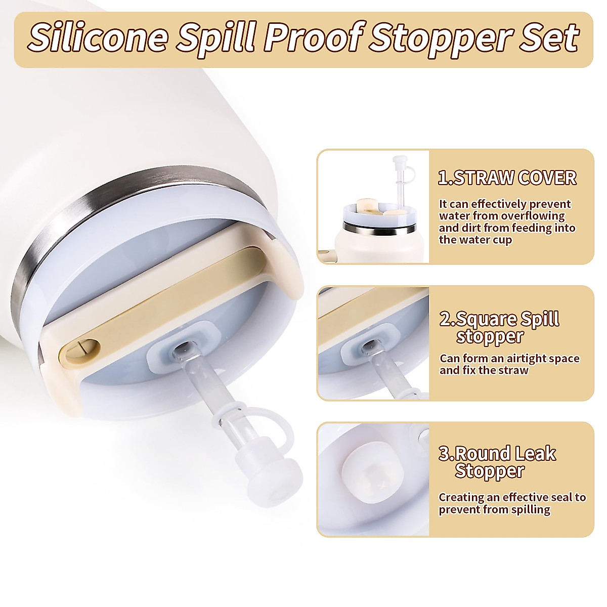 KEUYE 64 oz Tumbler Accessories for Stanley, Cup Accessories 64 oz Including 3PCS Extra Long Straws,1PC Straw Cleaning Brush,2 Sets Of Silicone Spill Leak Stoppers