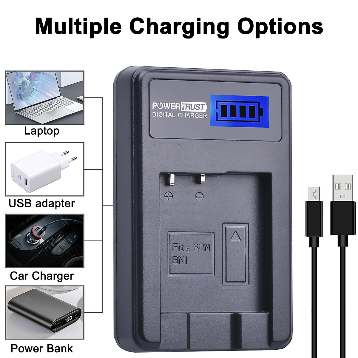PowerTrust 2-Pack 3.7v NP-BN1 Replacement Battery and LCD USB Charger for Sony NP-BN1 Cyber-shot DSC-QX10 QX100 T99 T110 TF1 TX5 TX7 TX9 TX10 TX20 TX30 TX55 TX66 TX100V TX200V W310 W320 W330 W350 W360