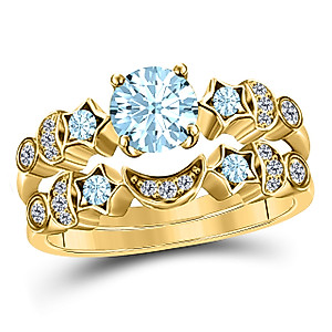 DS Jewels Moon Star Style Wedding Band Bridal Set 1.75 tcw CZ Aquamarine & Cubic Zirconia Round Engagement Ring Set Size 4 to 11