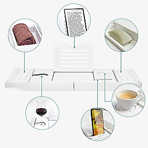 Navaris Bed and Bath Tray - Wooden Rack with Folding Legs - Bamboo Bathtub Caddy Bridge Shelf with Book or Tablet Stand - White