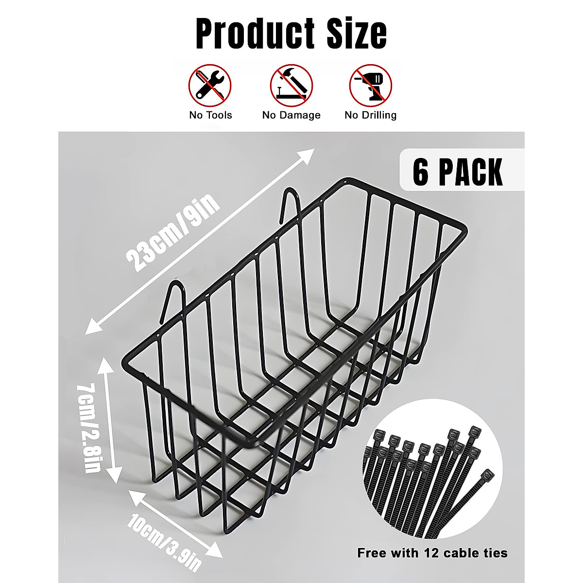 SEMPOMA 6 Pack Black Wire Basket, Hanging wall Basket for Wall Grid Panel, Metal Hanging Baskets for Organizing, Wire Basket for Kitchen Storage, Grid Wall Accessories