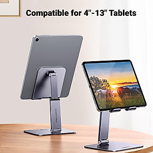 UGREEN Tablet Stand Holder for Desk Height Adjustable Aluminum Foldable Desktop Tablet Holder Wide Base Dock Multi-Angle Riser Compatible with 2024 iPad Pro 13 12.9, 11, 10.5 Air Mini 6 5, Grey