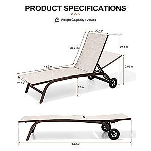 Crestlive Products Aluminum Chaise Lounge Chairs with Wheels Outdoor Adjustable Recliner Five-Position and Full Flat Tanning Chair All Weather for Patio, Beach, Yard, Pool (2PCS Beige)