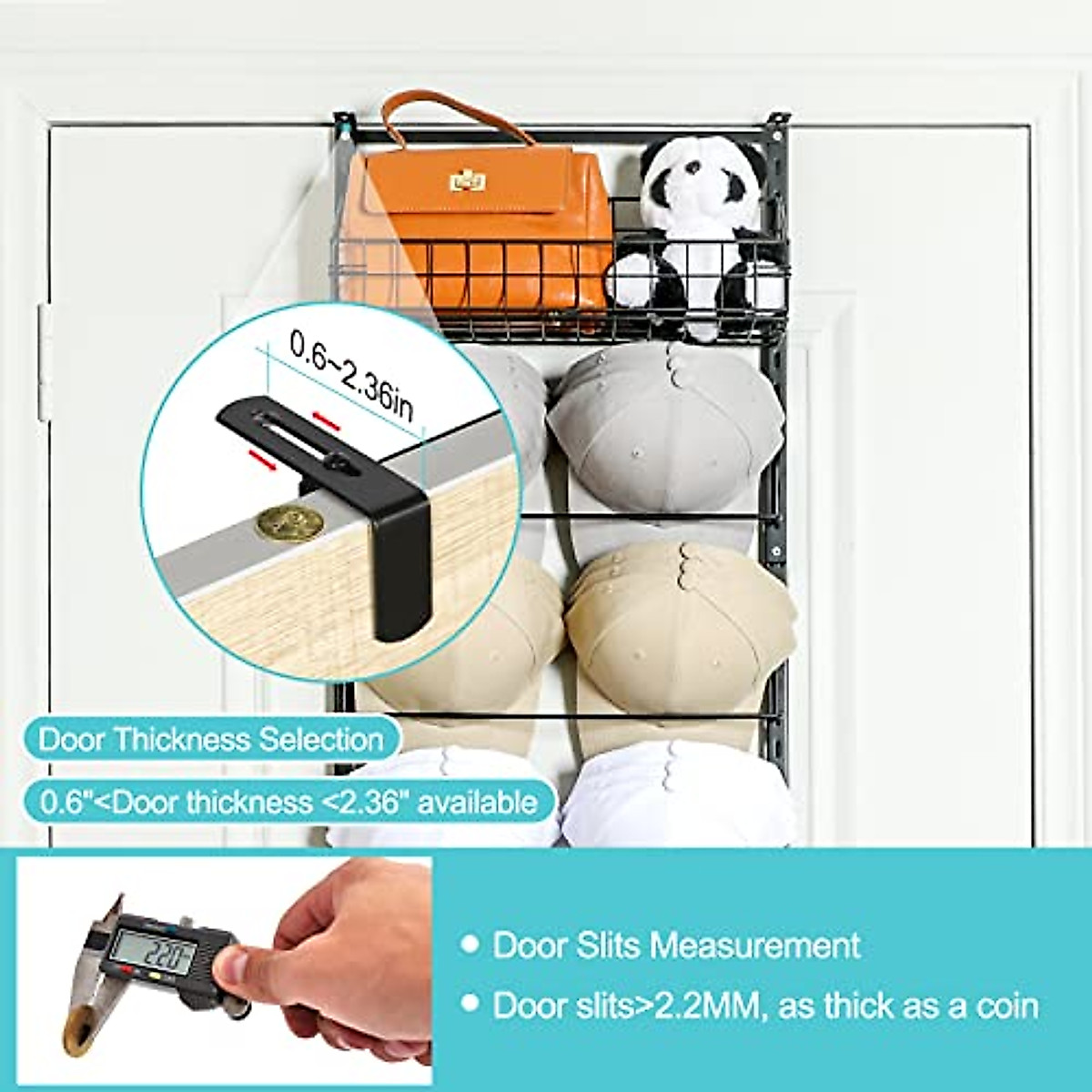 Yociyoga Metal Hat Racks for Baseball Caps, Over the Door Hat Organizer Hat Holder with Door Hooks & 17 Hat Hooks, Adjustable Tier Height Hat Hanger Hat Storage with Storage Basket, Black