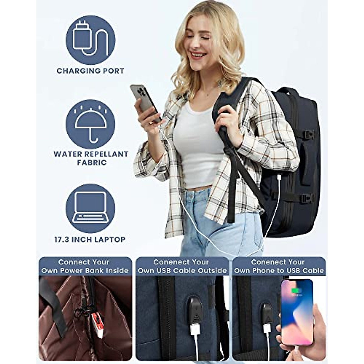 LOVEVOOK Travel Backpack, Expandable 40L Extra Large Carry on Backpack, Flight Approved, Anti-Theft Water Resistant 17 Inch Weekender Backpack for Men Women, with USB Port, Navy Blue