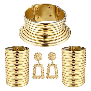 sailimue 4pcs African National Jewelry for Women African Egyptian Choker Collars Gold Chunky Statement Leather Necklace Bangle Bracelet Earring Jewelry Set, MQI-SAIS-SS29-Africa