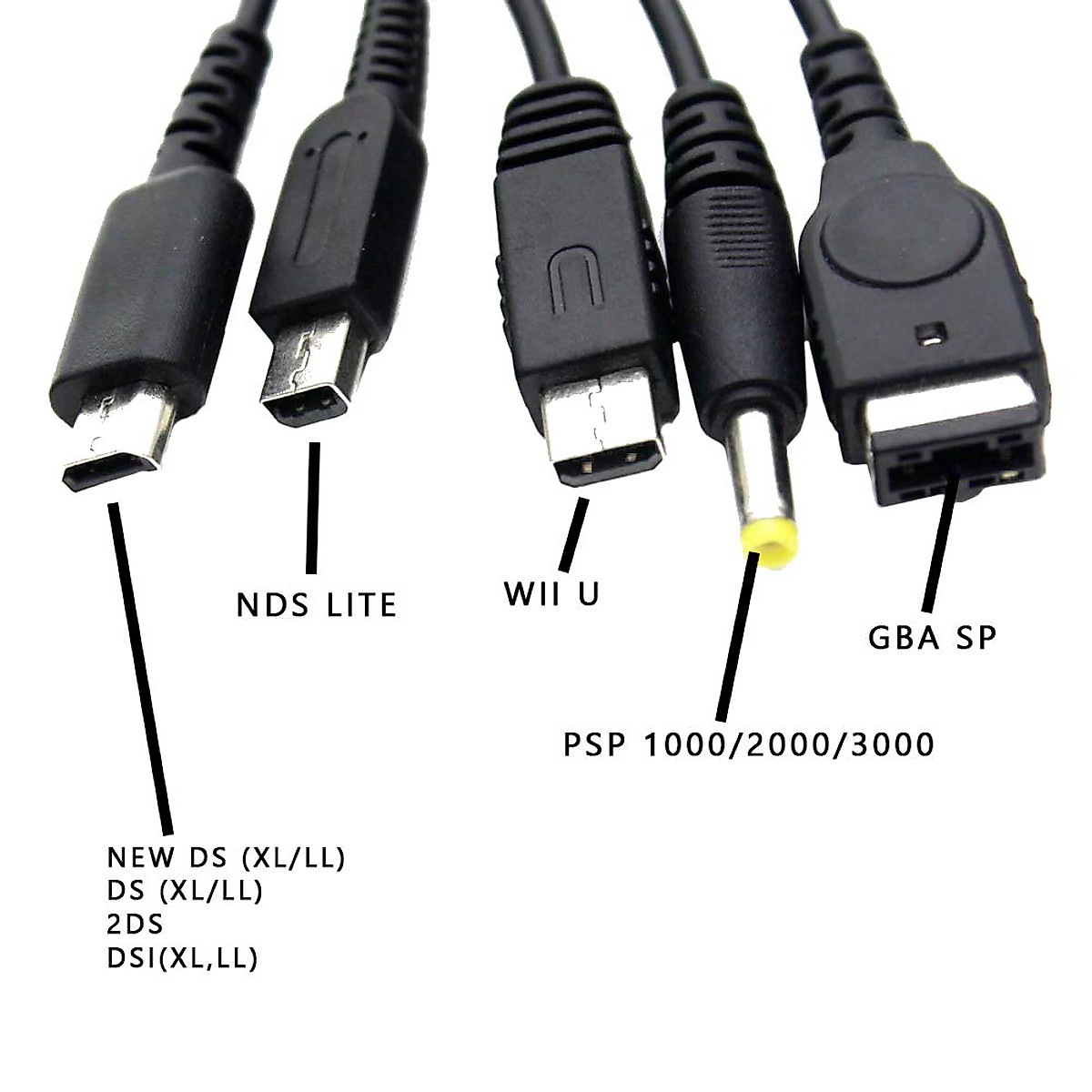 5 in 1 USB Charging cable for New DS, 3DS, 2DS, DSI, NDS Lite, Wii U, PSP, GBA SP