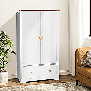VINGLI Wide Wardrobe Closet, White Armoire Wardrobe with Hanging Rod, Shelves and Drawer, Freestanding Closet Wardrobe Cabinet, Armoires and Wardrobes with Doors for Bedroom, Kids' Room, Dorm