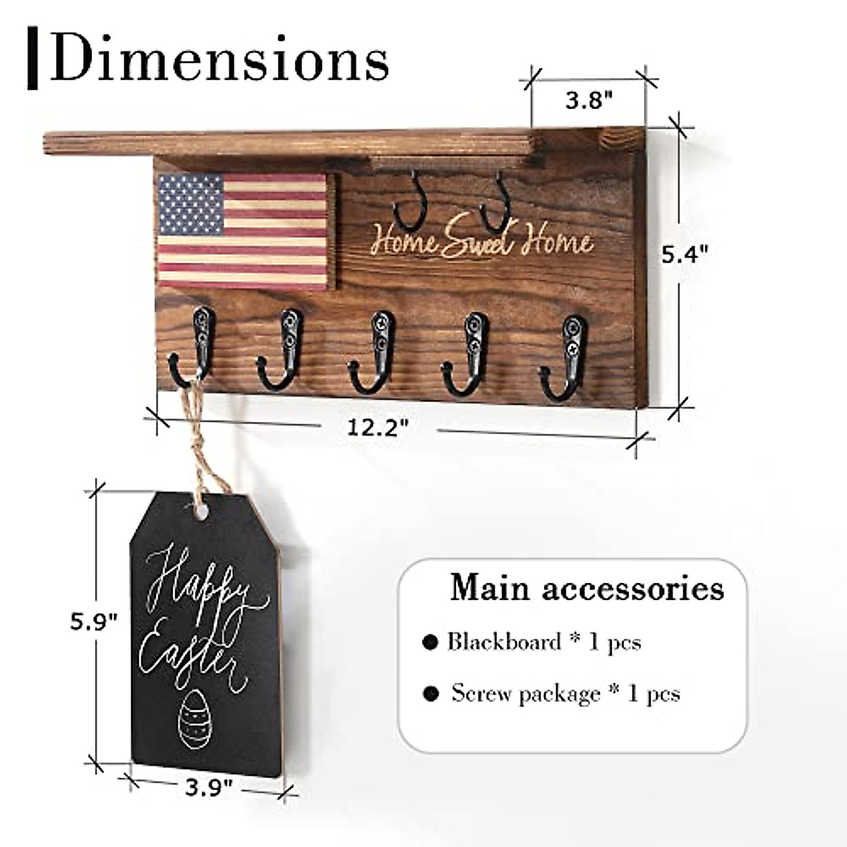 Mutsault Key Holder for Wall, Wall Mount Mail Organizer with 5 Key Hooks, Rustic Farmhouse Key Racks for Home Entryway Decor, Pine Wood