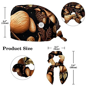 Happy Thanksgiving Acorns Bouffant Working Cap with Ribbon Tie for Women Long Hair, Scrub Surgical Hat, One Size Head Cover