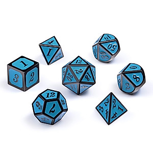 Set of 7 Metal Dice Set with Storage Box - Turquoise with Gunmetal Numbers - Includes D4, D6, D8, D10, D12, D20 and D% by SciencePurchase