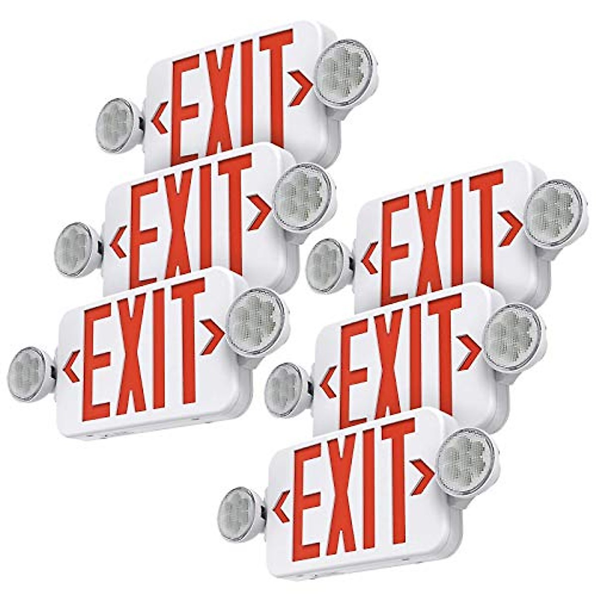 SASELUX Red Led Exit Sign Emergency Light Combo Adjustable Two Head, Double Sided and Battery Backup Exit Light, Contractor Select, AC 120/277V (6 Pack)