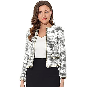 Allegra K Women's Plaid Tweed Blazer Long Sleeve Open Front Work Office Short Jacket Medium White