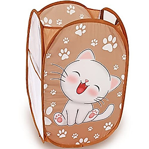WEI LONG Mesh Popup Hamper-Foldable Lightweight Basket for Washing-Durable Clothing Storage for Kids Room,Students College Dorm,Home,Travel & Camping-Pop-up Clothes Hamper (Khaki Cat Paw)
