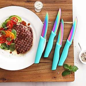 Marco Almond KYA47 Rainbow Titanium Serrated Stainless Steel Steak Knives Set of 8 + KYA57 rainbow titanium box grater