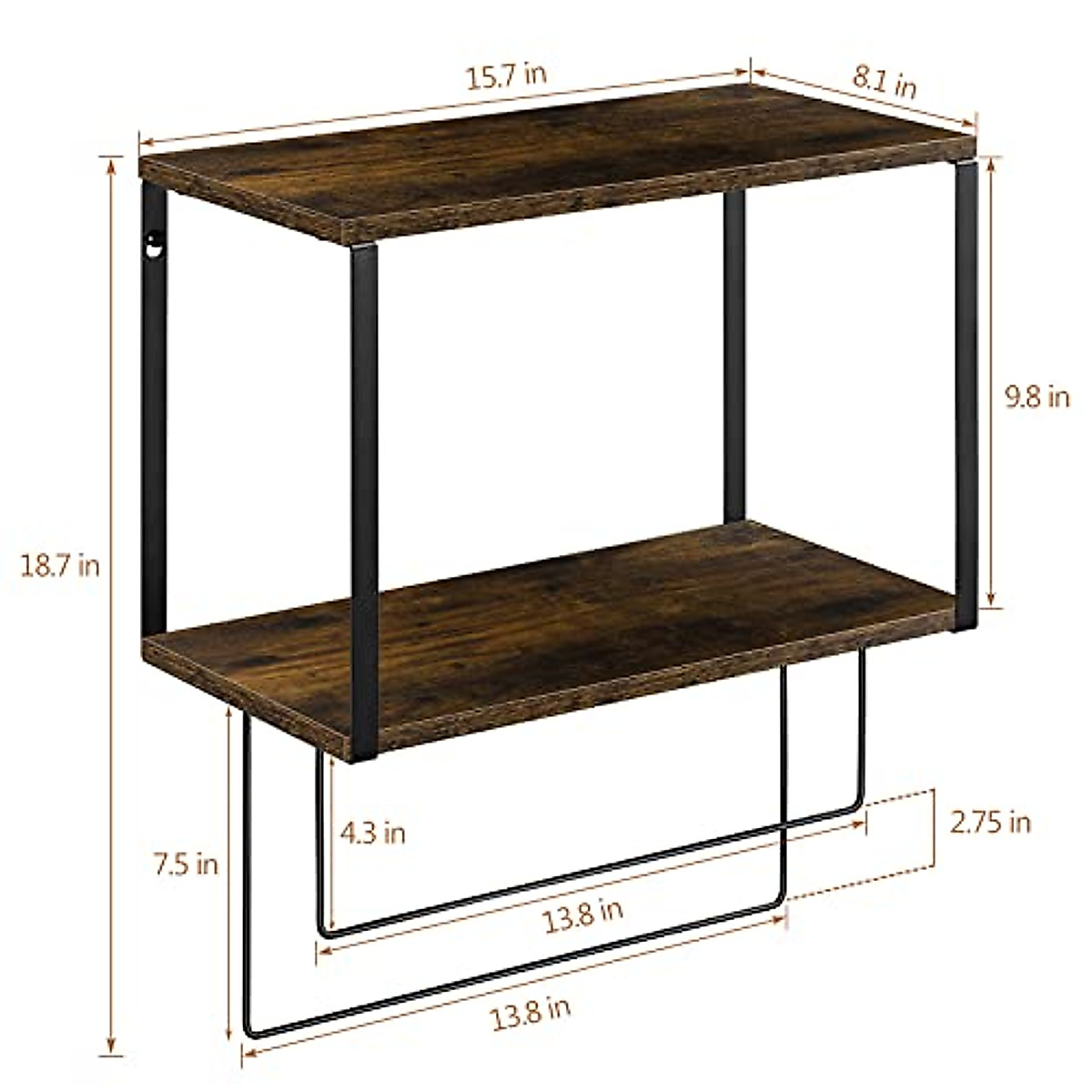 ETELI Bathroom Wall Shelf 2 Tier Towel Rack with Shelf Wall Mount Wood Storage Rack with Towel Bar, Brown