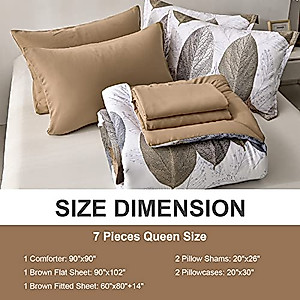 Drucon Botanical Comforter Set Queen, 7 Pieces Bed in A Bag Comforter Brown Leaves Comforter Queen Size Soft Microfiber Bedding Set for All Season