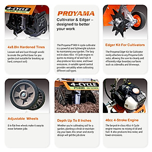 PROYAMA Garden Tiller Gas Powered, 40cc 4-Cycle Gas Tiller and Cultivators, 2 in 1 Cultivator with Edger, Adjustable Width and Depth