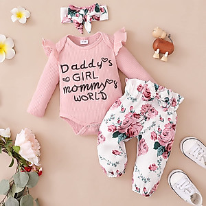 YUEMION Newborn Baby Girl Clothes Toddler Girl Fall Outfits Ruffle Romper Floral Pants Set Infant Girl Clothes(6-12M)