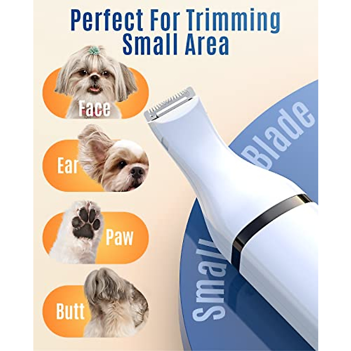 oneisall Dog Clippers with Double Blades,Cordless Small Pet Hair Grooming Trimmer,Low Noise for Trimming Dog's Hair Around Paws, Eyes, Ears, Face, Rump (White)
