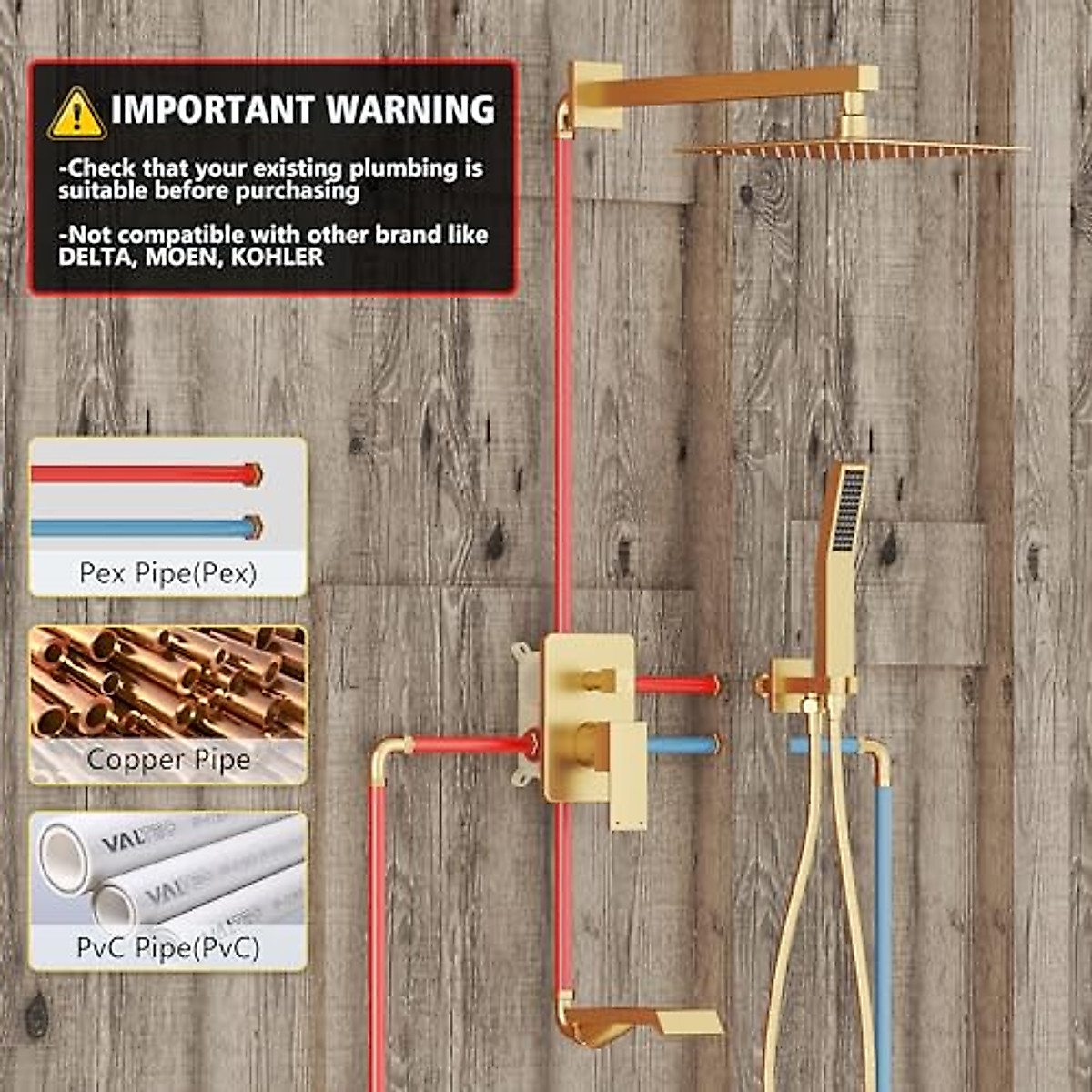 HomGoo Shower System with Tub Spout, Shower Faucet Set with 10-Inch Rain Shower Head, Handheld Shower head and Shower Faucet Trim valve, Wall Mounted Bathroom Shower Combo Set,Gold