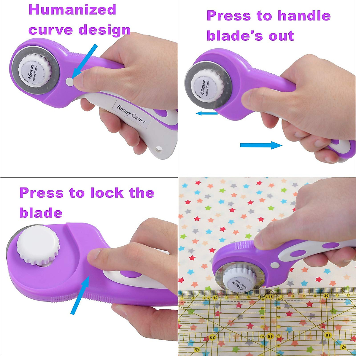 Rdutuok Rotary Cutter Set 45mm Fabric Cutter Set Quilting Kit, 5 Replacement Blades, A3 Cutting Mat(18X12"), Acrylic Ruler,Sewing Pins,Craft Knife and Craft Clips for Sewing and Crafting (Purple)