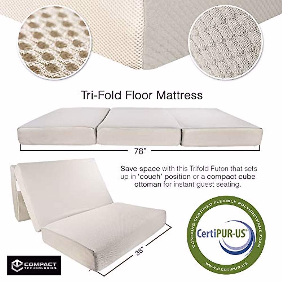 Portable Mattress - Folding Memory Foam Guest Fold Up Bed w/Case | Tri-Fold (6 Inch) Travel Away Floor, Futon & Camp Cot Topper for Fast Trifold Foldable (Fold-Up & Fold-Out) Sleep Comfort (Twin)