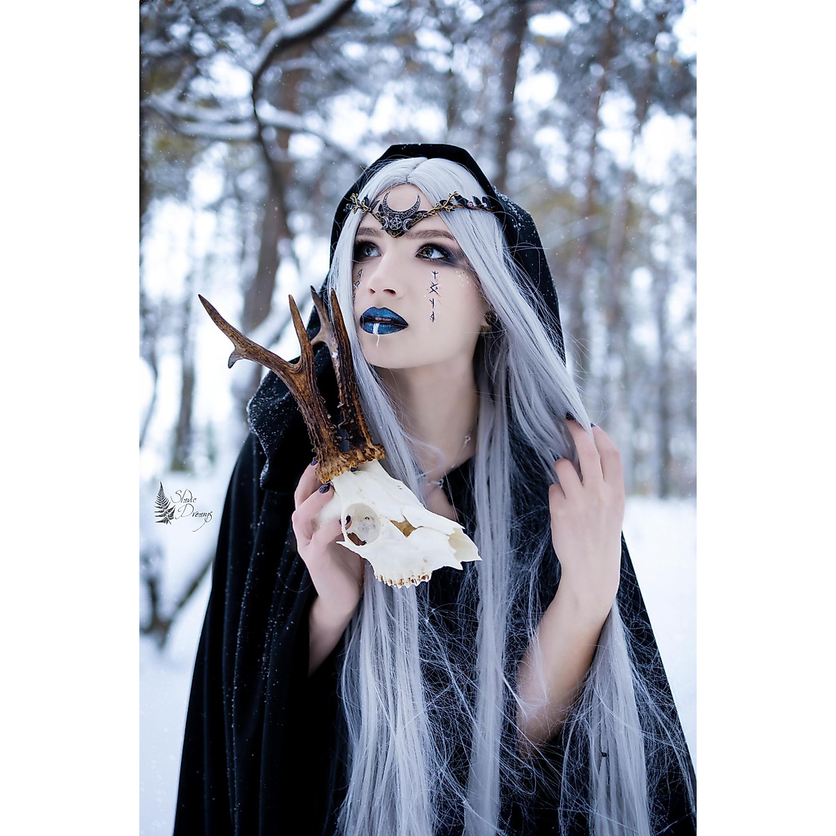 MOSTORY Handmade Moon Elf Headpiece - Woodland Forest Crown Fairy Goddess Tiara Elven Circlet Medieval Queen Festive Accessory for Women Girls Halloween Cosplay Renaissance Black