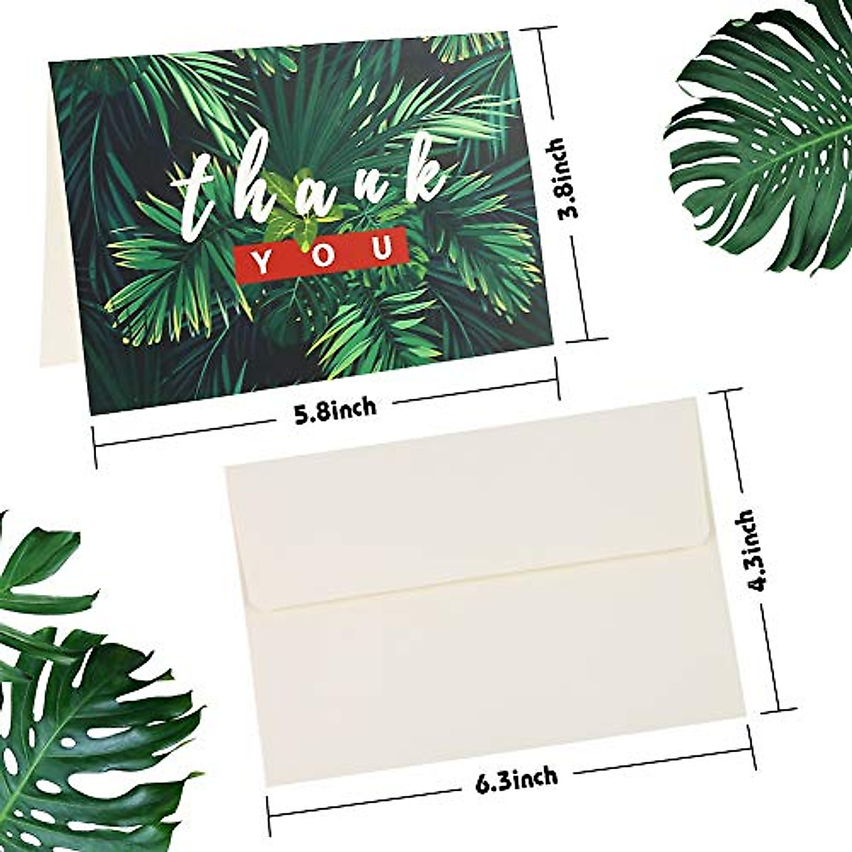 HANSGO Tropical Palm Leaves Thank You Cards, 24 PCAK Thank You Cards with Envelopes Summer Green Leaves Designs Blank Cards Handwritten Style